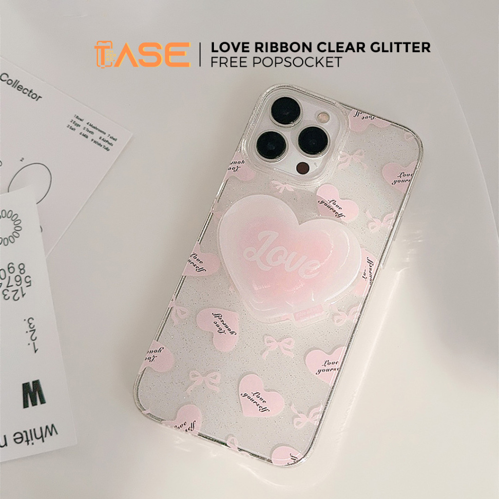 Jual Case Iphone 11 12 13 14 15 PRO MAX PLUS Love Ribbon Clear Glitter ...