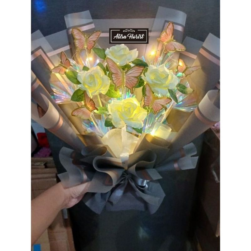 Jual (READY STOK) Buket kupu +bunga artificial +lampu LED free kartu ...