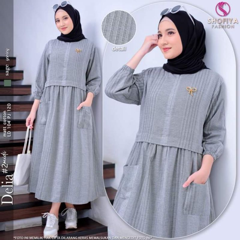 Jual DELINA MIDI#2 DRESS TERBARU MOTIF SALUR BAHAN CATTON BUSUI | Shopee Indonesia