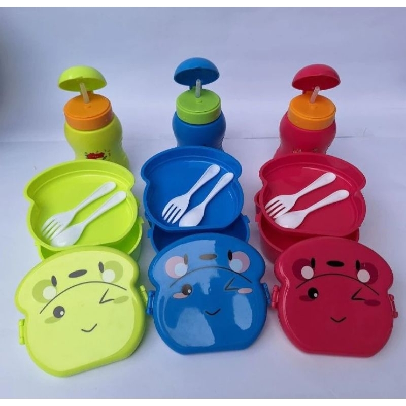 Jual Kotak set tempat makan lunch box bekal anak souvenir ultah plus botol minum lucu 625 ...