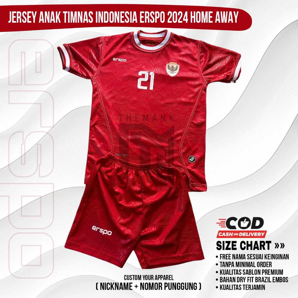 Jual Jersey Anak Timnas Indonesia Erspo 2024 Home Away Bisa Custom Nama dan Nomor Punggung ...