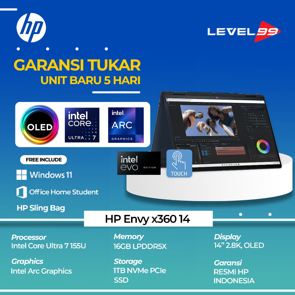 Jual Laptop Hp Envy X360 14-Fc0888Tu 14'Oled-Ts/Ultra 7-155U / 16Gblpddr5X / 1Tb /Intel Arc/Evo ...