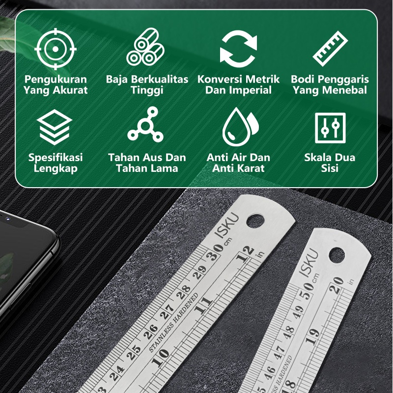 Jual ISKU Penggaris Besi 15/30/50/60/100cm Stainless Steel Ruler penggaris multifungsi Mistar ...