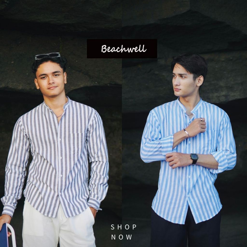 Jual BEACHWELL Kemeja Pria Fuji Garis Stripes Katun Kerah koko Mandarin ...