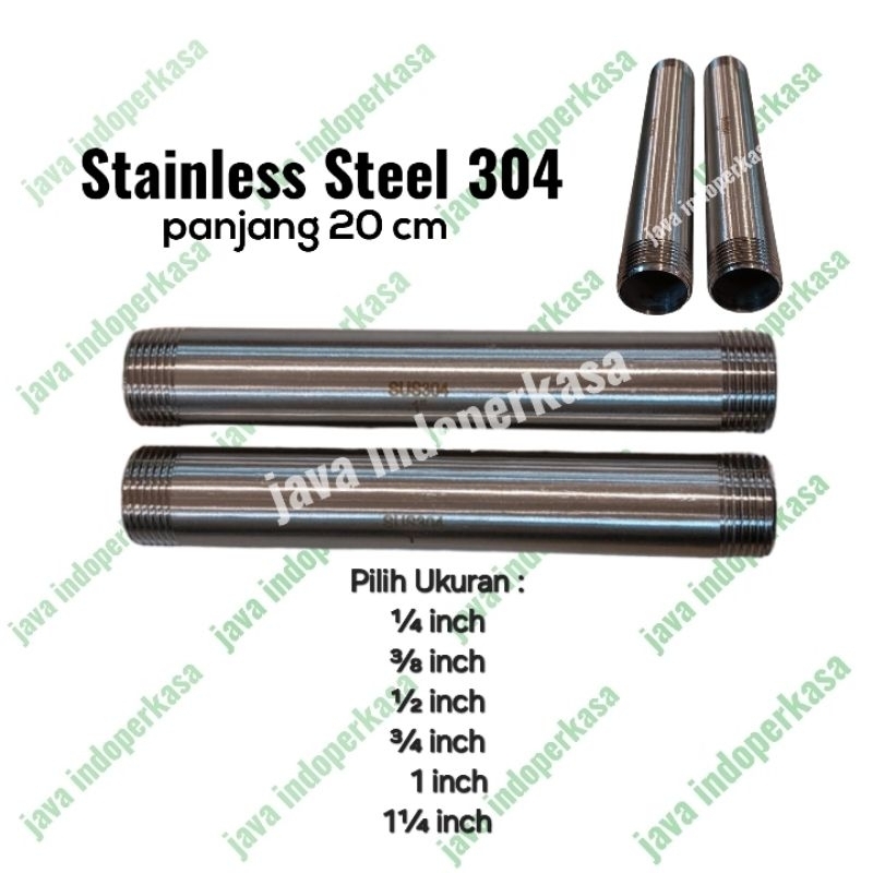Jual pipa nepel stainless steel sus ss 304 anti karat panjang 20 cm pilih ukuran 1/4 3/8 1/2 3/4 ...