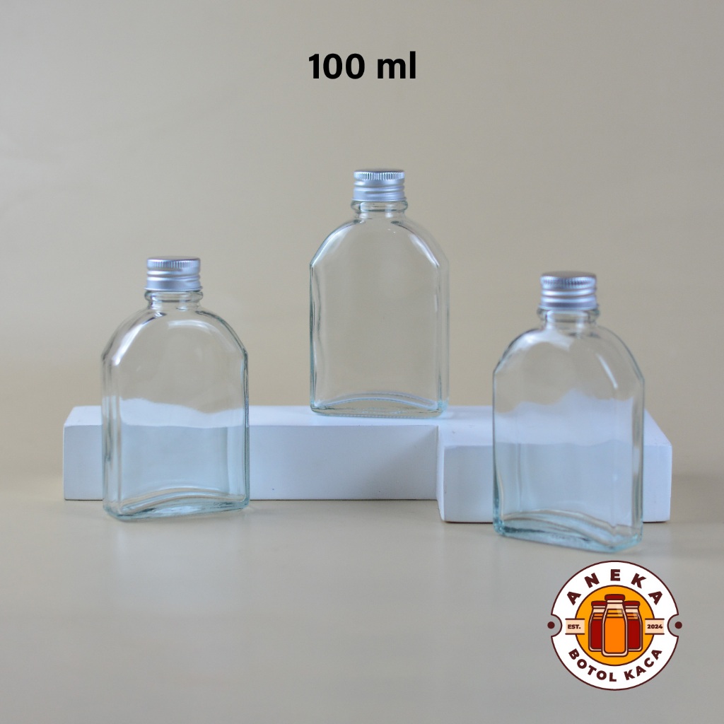 Jual Botol Kaca Gepeng 100ml Kotak Bening Tutup Silver Ulir – Botol ...