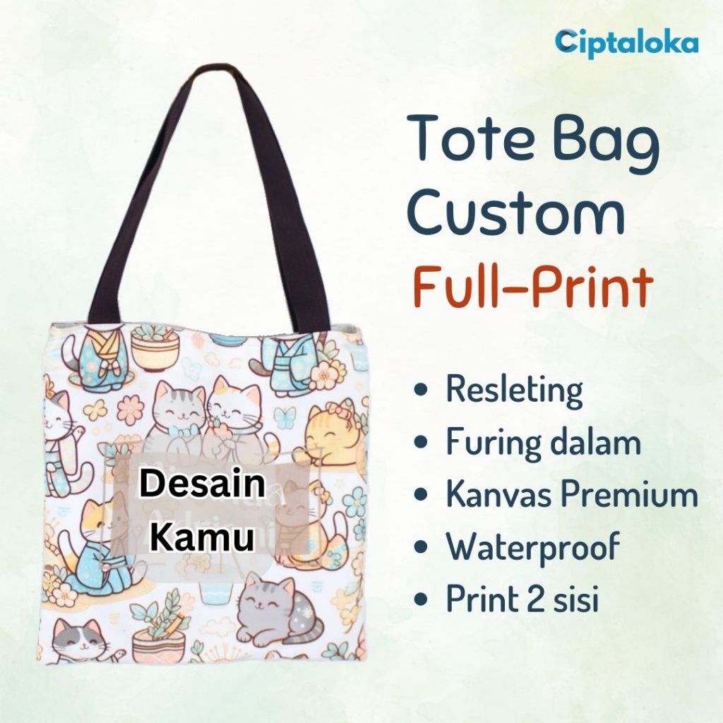 Jual [Premium] Tote Bag Canvas Full-Print Custom (+ Resleting, + Furing ...
