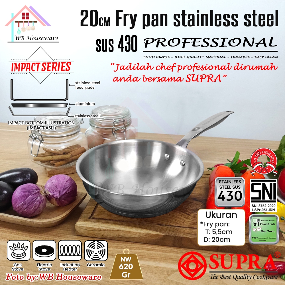 Jual SUPRA panci fry pan 20cm stainless steel SUS 430 & 304 professional cookware series / wajan ...