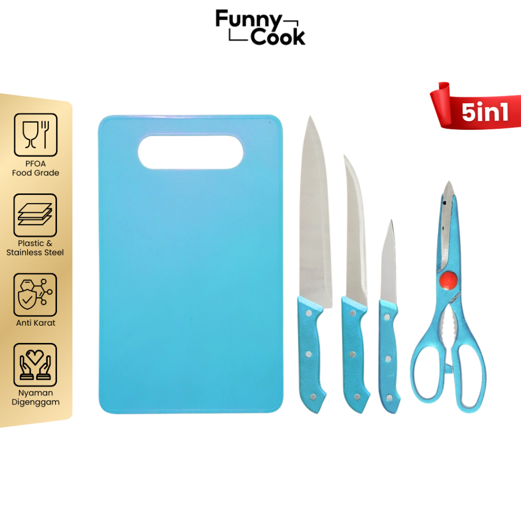 Jual FUNNYCOOK Set Pisau Dapur dan Talenan isi 5pcs Stainless Steel ...