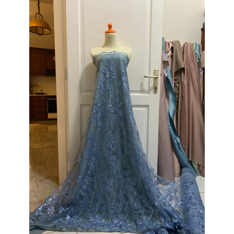Jual Kain Bahan Kebaya Brukat Tile Bordir Payet Mewah Gracia Warna Biru ...