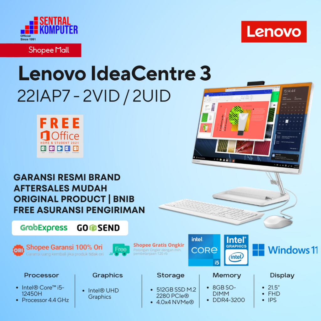 Jual Lenovo IdeaCentre AIO 3 22IAP7 Core i5-12450H 8GB 512GB SSD W11+OHS | Shopee Indonesia