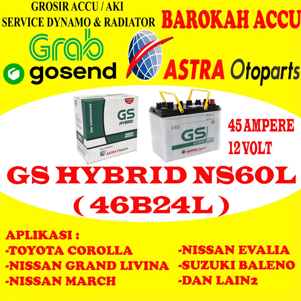 Jual AKI GS HYBRID NS60L / 46B24L , 45 AH ASTRA OTOPARTS | Shopee Indonesia