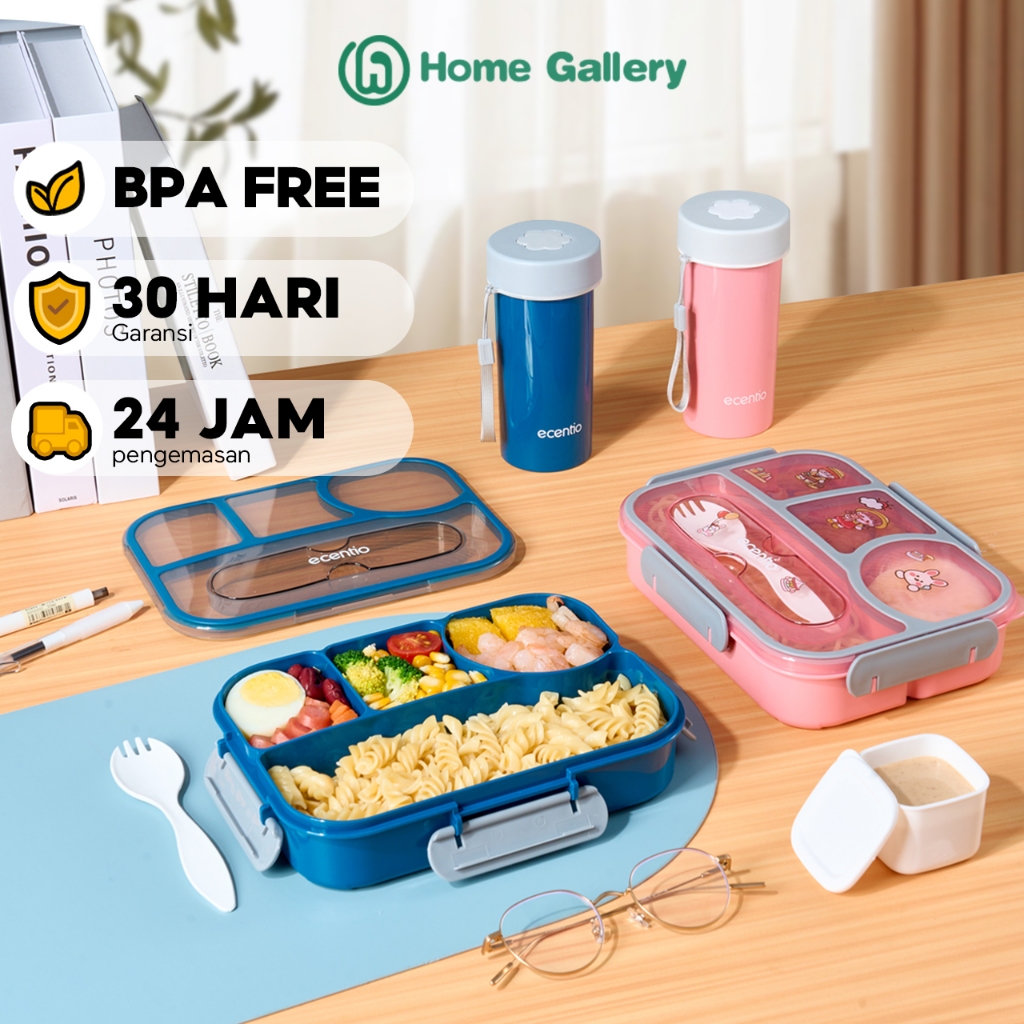 Jual ecentio Kotak Makan 4 Grid 1100ml + Botol Minum 360ml lunch box tempat sendok wadah bekal ...