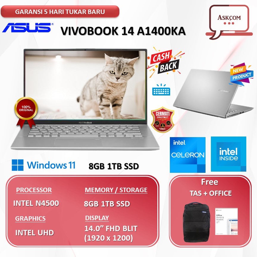 Jual Asus Vivobook 14 A1400KA N4500 8GB 1TB SSD W11 OHS21 14.0FHD BLIT ...