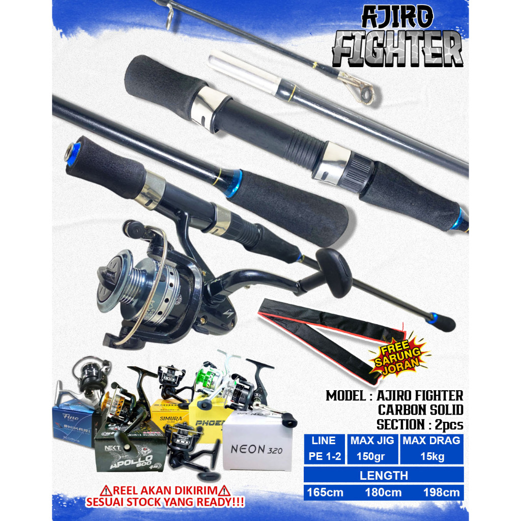 Jual Sepaket Joran Pancing Laut Jigging Fighter pe 1-2 max 15kg dan Reel besi ready | Shopee ...