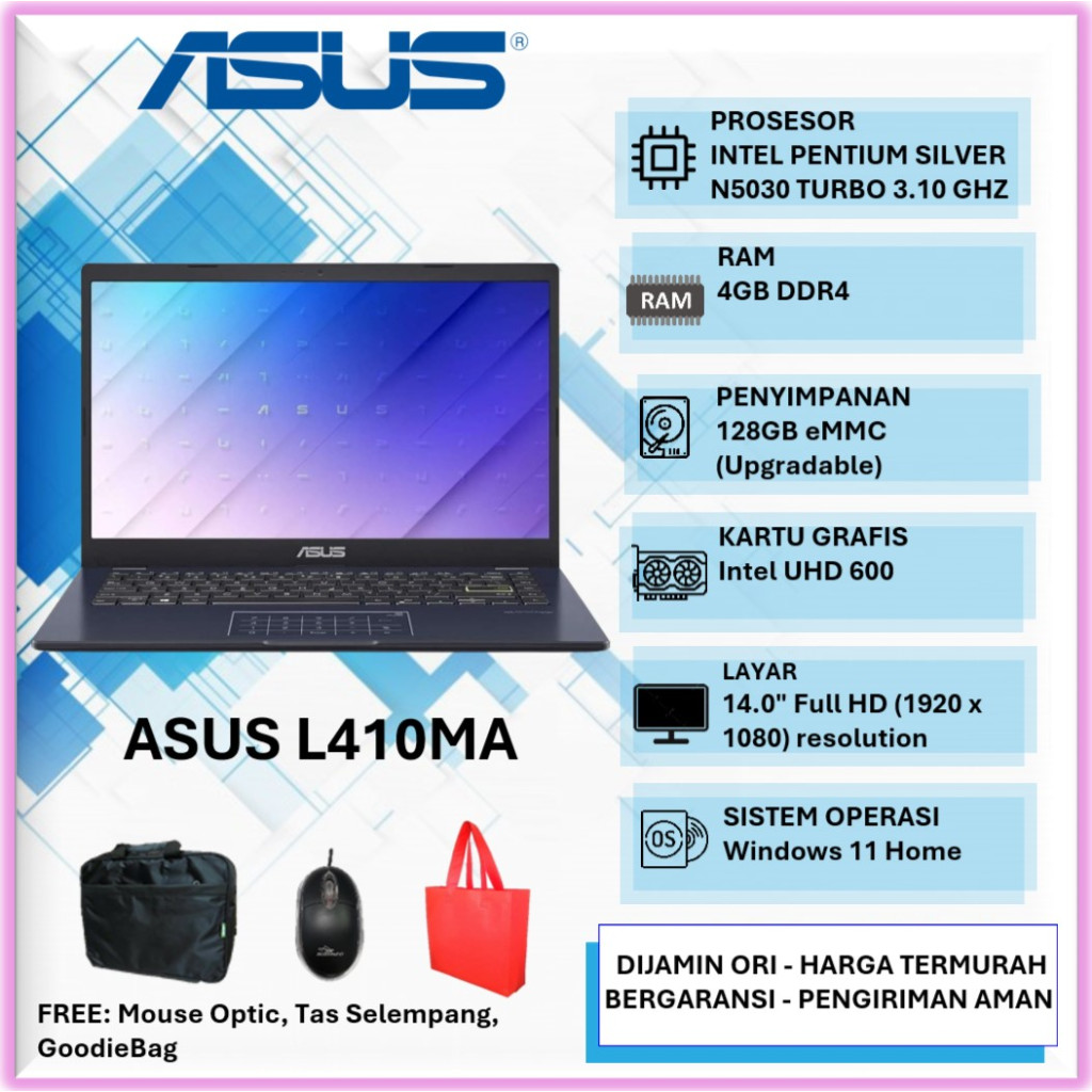Jual Laptop Sekolah Asus Vivobook L410MA Intel N5030 4GB 384GB 14 inch ...