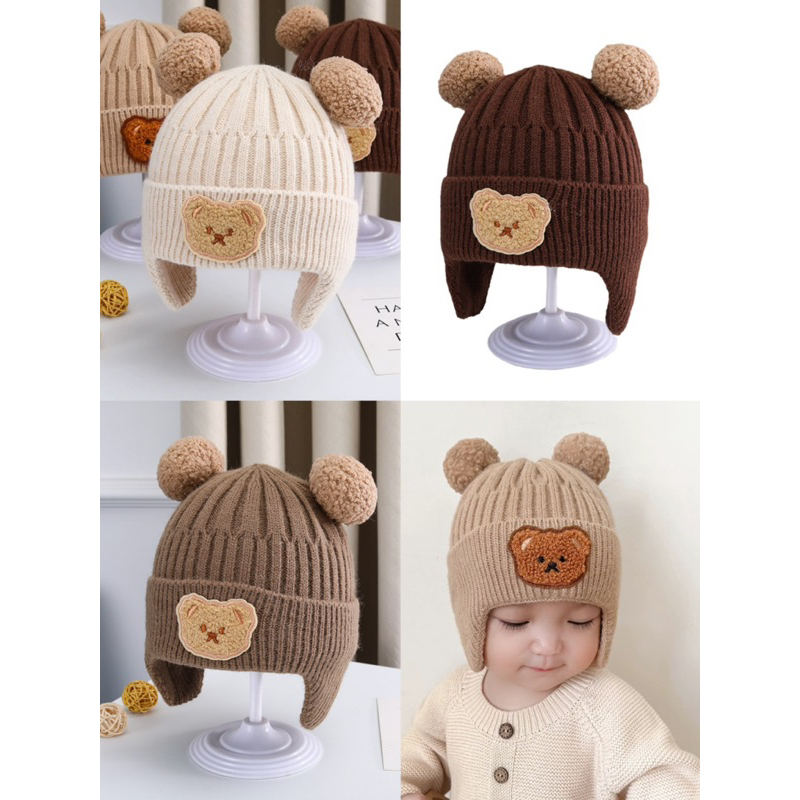Jual topi kupluk rajut anak model korea dengan boneka bordir bear lucu ...