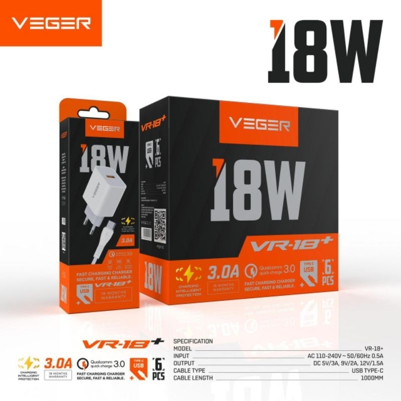 Jual Charger VEGER VR18+ Qualcomm quick charger 3.0A 1port with TYPE C ...