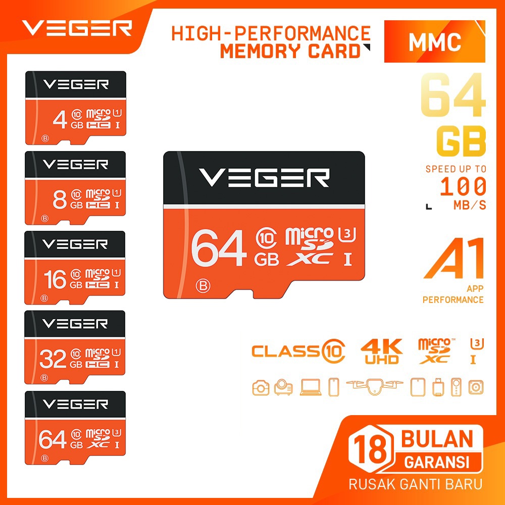 Jual VEGER Memory Card 64GB 32GB 16GB 8GB 4GB Micro SD Kartu Memori HP ...