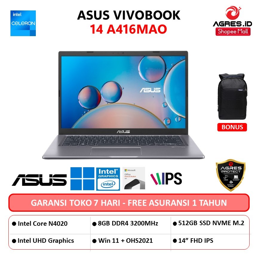 Jual LAPTOP ASUS VIVOBOOK 14 A416MAO N4020 8GB 512GB W11+OHS 14.0FHD ...