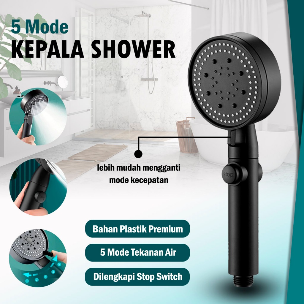 Jual Kepala Shower 5 MODE Adjustable – Head Shower Kamar Mandi Hitam 5 Mode On Off Kepala Shower ...
