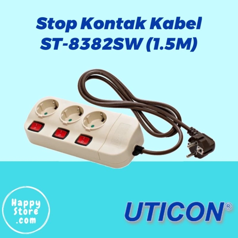 Jual Stop Kontak Uticon 3 Lobang + Switch + Kabel 1.5 Meter ST-8382 SW ...
