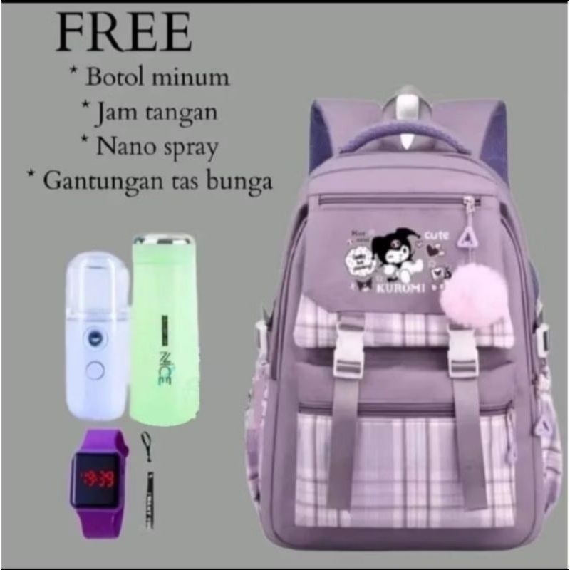 Jual Tas Ransel Anak Sekolah Perempuan SD SMP MOTIF KUROMI 5IN1 Backpack Sekolah Free Botol ...