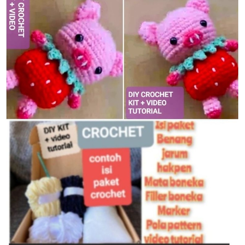 Jual (AMIGURUMI KIT) DIY CROCHET BABI STROBERI WITH VIDEO TUTORIAL STEP ...