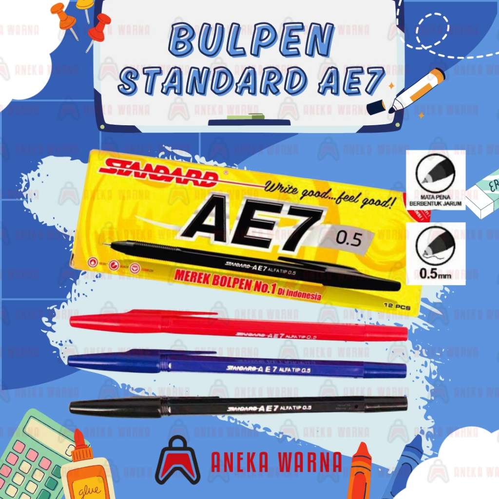 Jual PULPEN/PEN/BALLPOINT | STANDARD AE7 | WARNA HITAM BIRU MERAH (ECER) | Shopee Indonesia