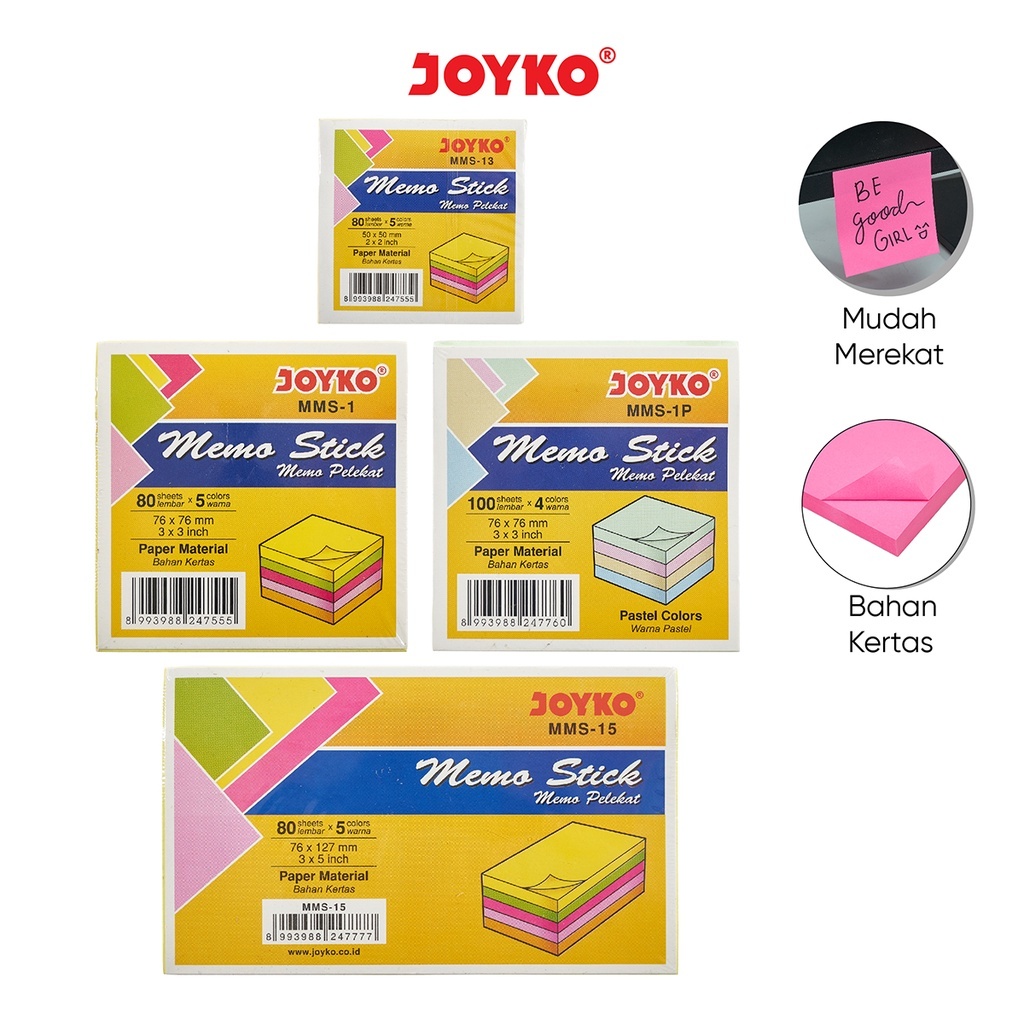 Jual Memo Stick Kertas Memo Tempel Sticky Note Joyko MMS-1 - 5 Warna 80 ...