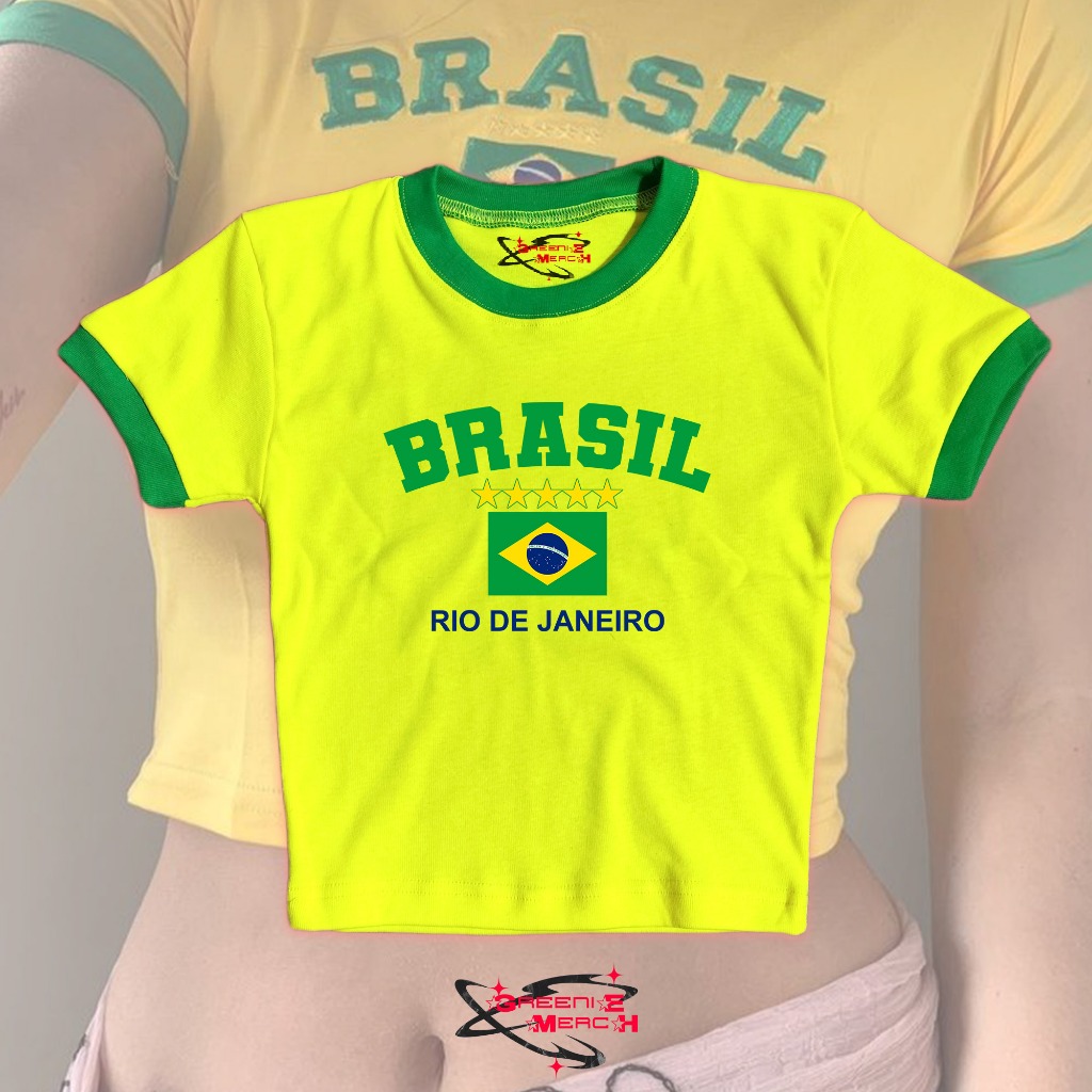 Jual Crop Top Baby Tee Rio De Janeiro Brasil Ringer Yellow And Green ...