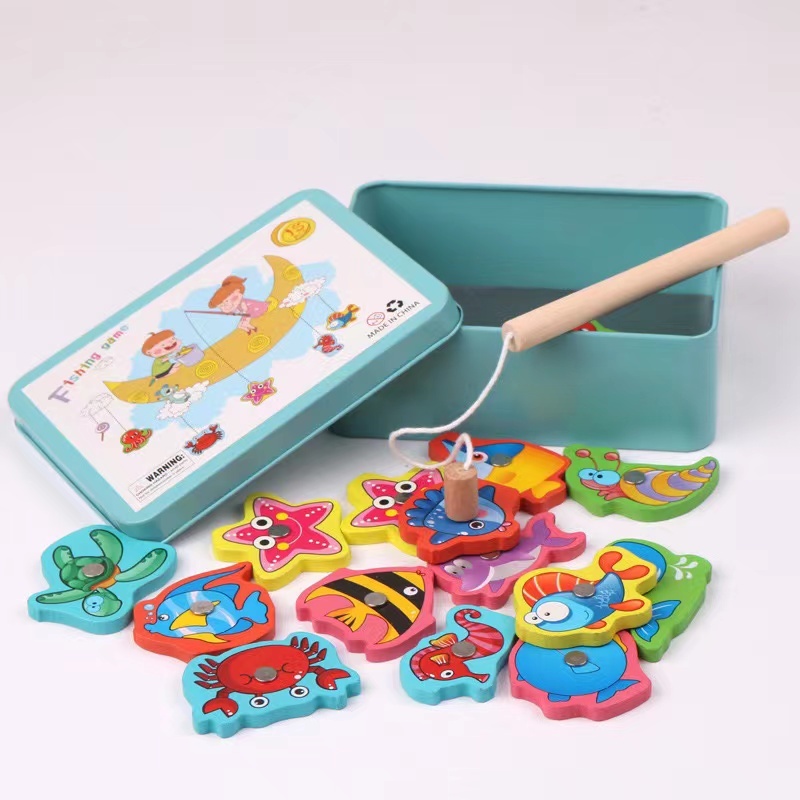 Jual Mainan Edukasi Anak Pancingan Ikan Kayu dengan Magnet Set Box ...