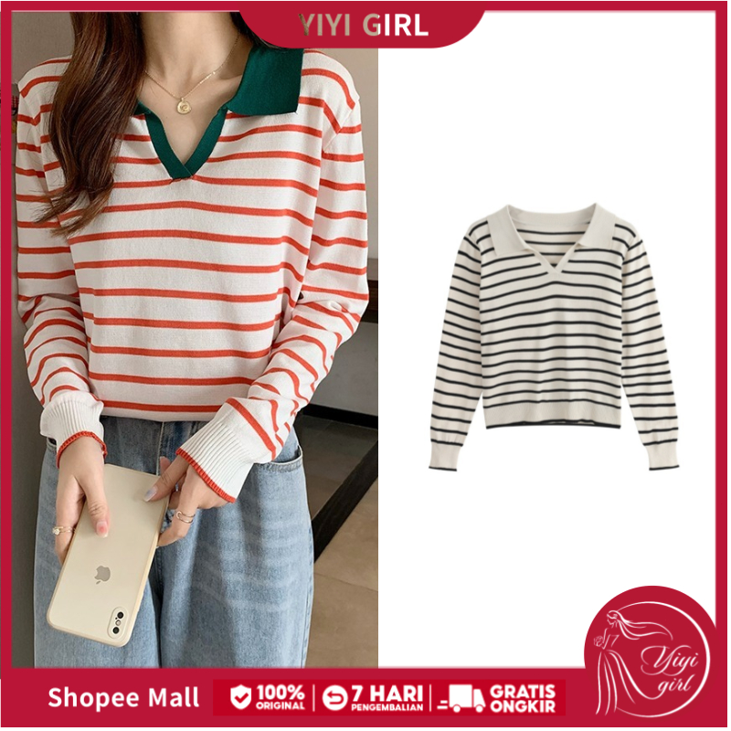 Jual YIYI GIRL Atasan Wanita Korea Stripe Lengan Panjang Knit Polo Shirt | Shopee Indonesia