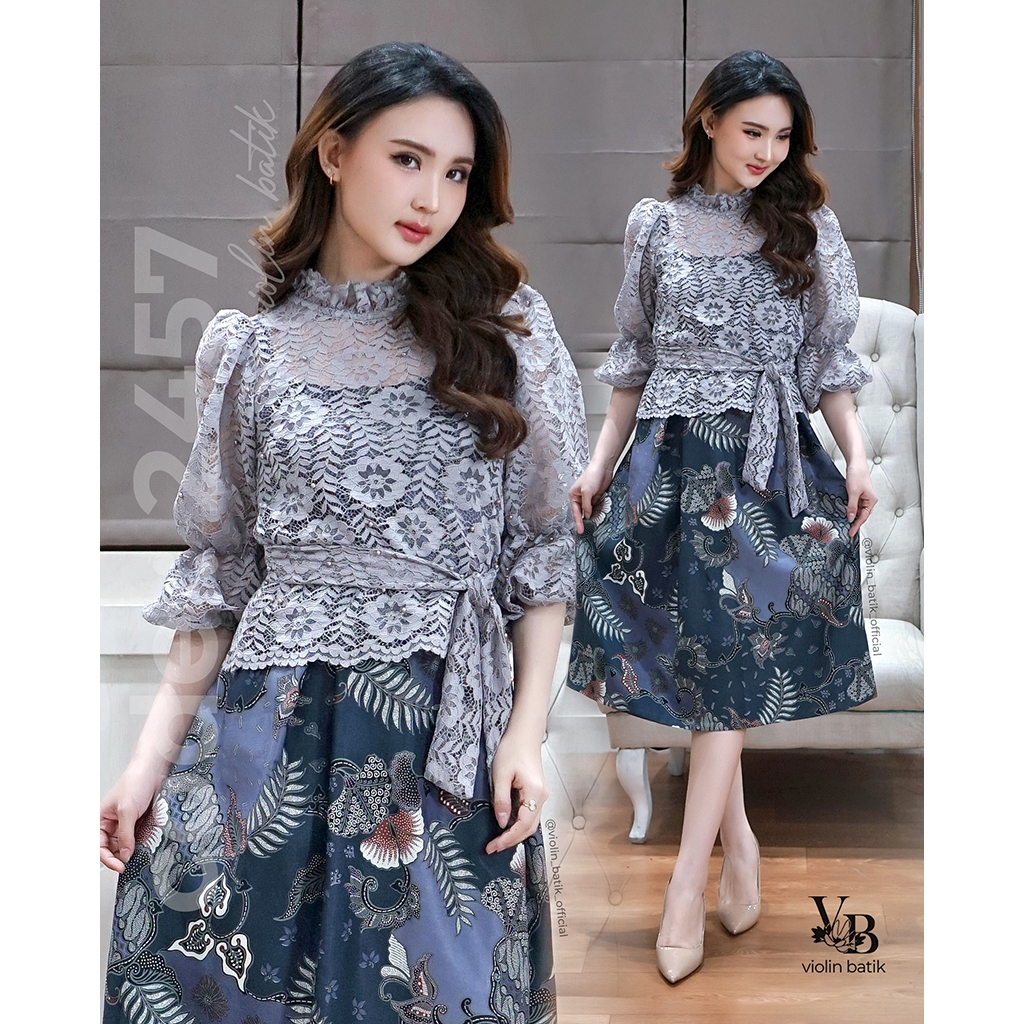 Jual Stelan Batik Satin Outer Brokat Puff 2457 | Shopee Indonesia