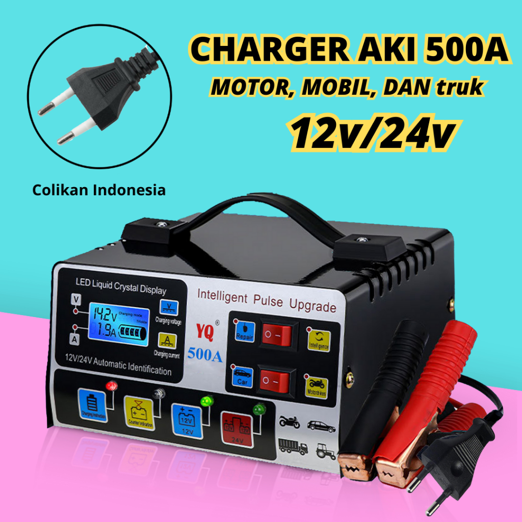 Jual Charger Aki Otomatis 12V 24V 500A Aki Mobil Motor Kapal Truk Fast Charging Alat Cas Casan ...
