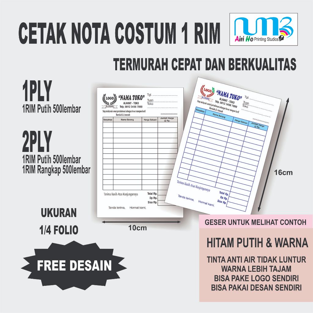 Jual CETAK NOTA / KWITANSI / BON NOTA / FAKTUR 1 Rim 2 Ply / RANGKAP ...