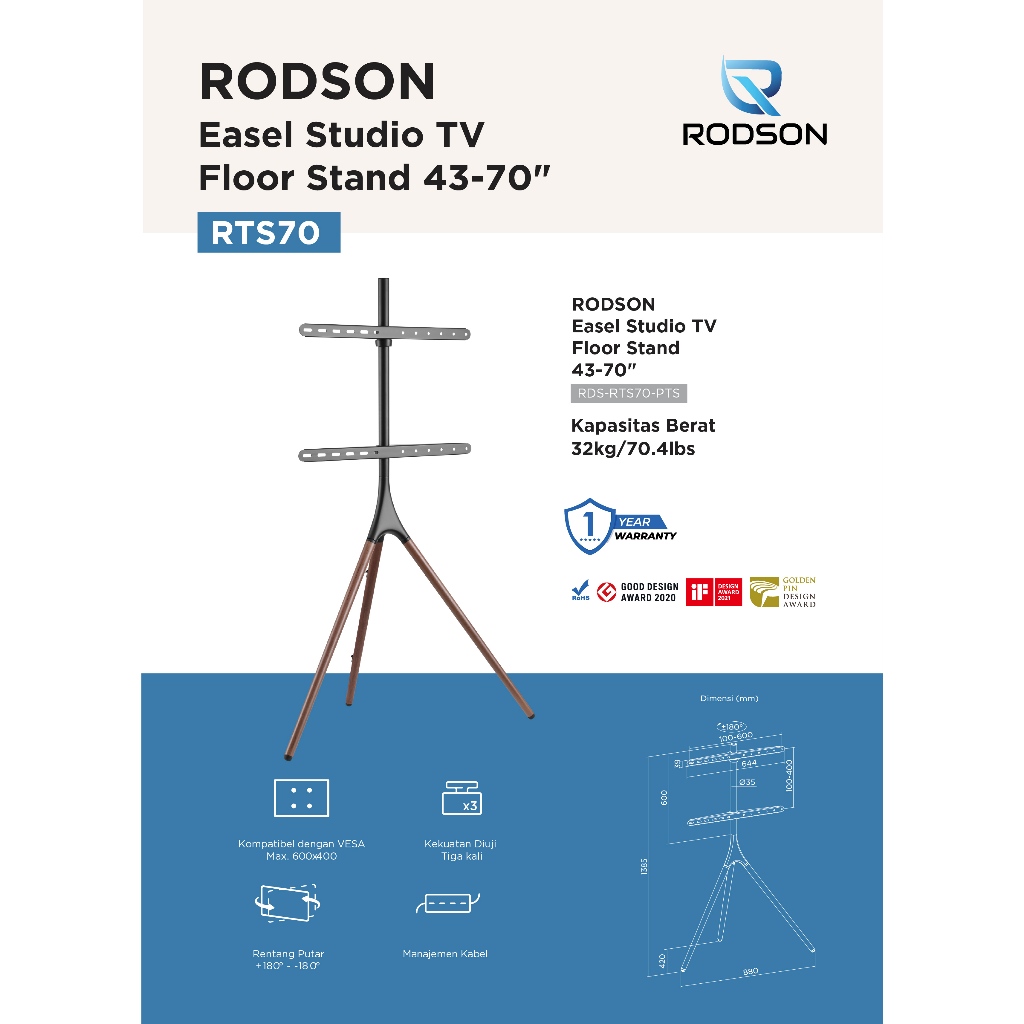 Jual Rodson RTS70 Bracket TV Standing Tripod Sudut Portable Kayu 32 ...
