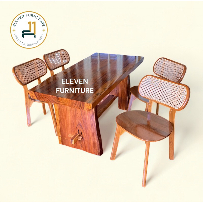 Jual SET MEJA MAKAN SUAR 4 KURSI KACANG KAYU SOLID UTUH NATURAL tebal trembesi jati rotan cafe ...