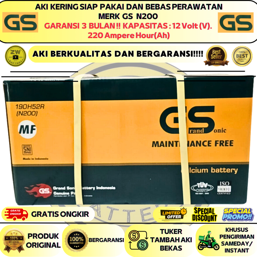 Jual AKI GENSET, KAPAL, INDUSTRI, BUS, FORKLIFT N200 GS MF 12V 220AH AKI KERING | Shopee Indonesia