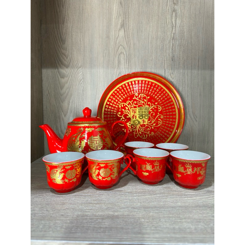 Jual Teko Set Tea Pai Perkawinan Merah Emas Gold 6 Cangkir Piring Tepai ...