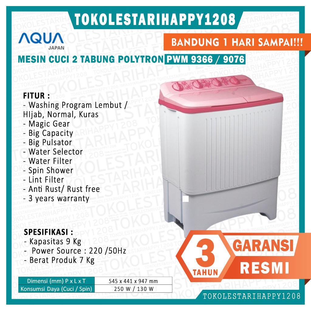 Jual MESIN CUCI 2 TABUNG POLYTRON PWM 9366 / 9076 LOW WATT BANDUNG ...