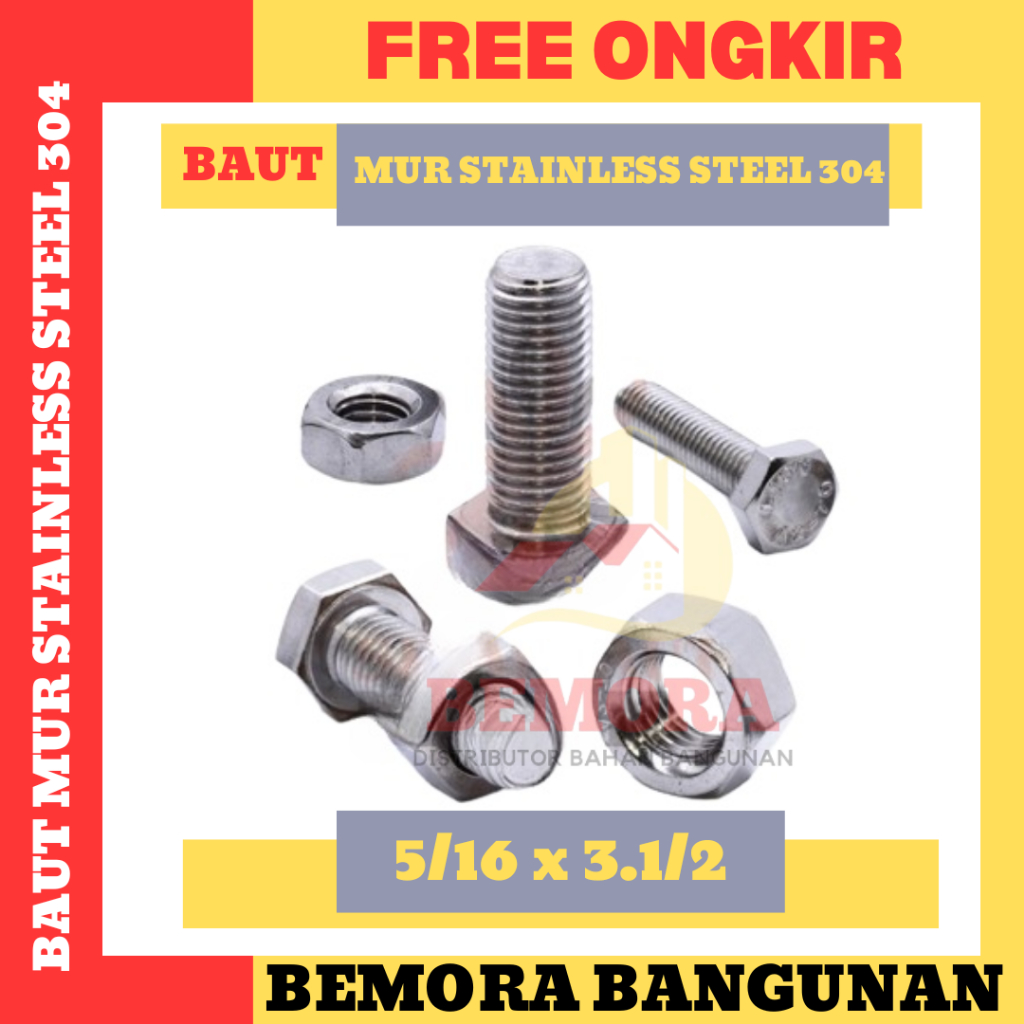 Jual Baut Mur Stainless Steel 304 / BM SS / Plated Bolt & Nut 5/16 x 3.1/2 | Shopee Indonesia