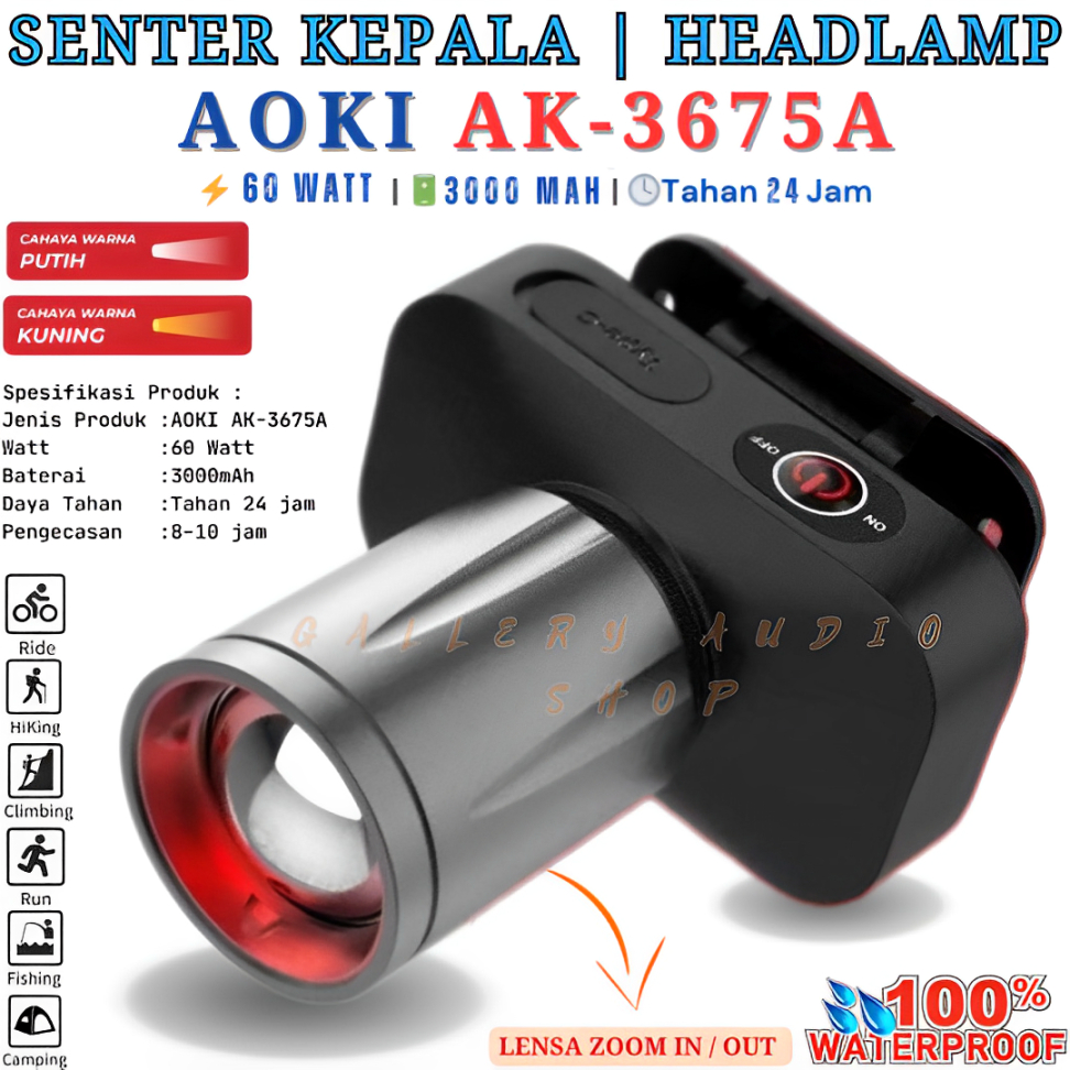 Jual Senter Kepala AOKI AK-3675A 60 Watt | Headlamp Aoki AK-3675 Cahaya Putih Super Terang ...