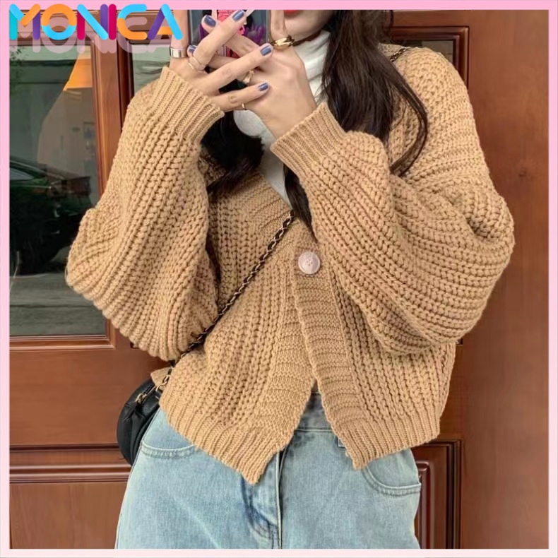 Jual Monica-Sweater lengan panjang pendek kardigan rajut kerah v cocok ...