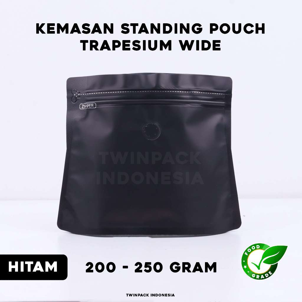 Jual Kemasan Kopi 200 - 250 Gram Hitam Standing Pouch Trapesium Wide Packaging Kopi | Shopee ...