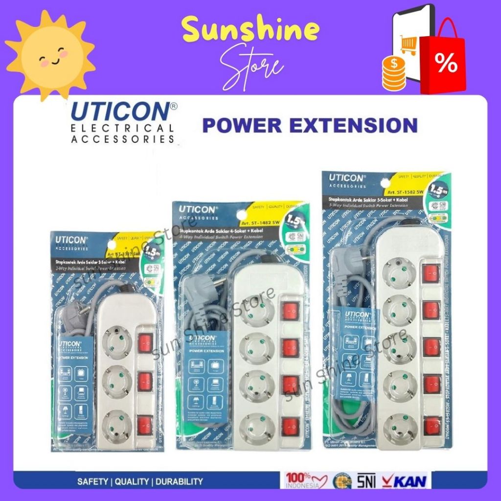 Jual Stop kontak UTICON 3 / 4 / 5 Lubang Panjang Kabel 1.5 Meter Switch | Shopee Indonesia