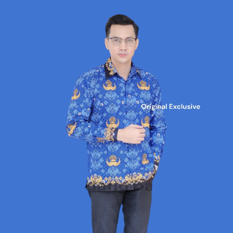 Jual Seragam PNS Batik korpri pria warna Biru kerah hitam terbaru full furing katun halus lengan ...