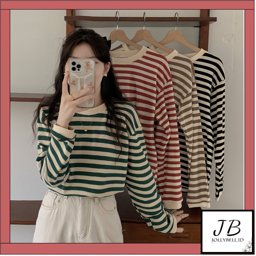 Jual •Jollybell.id•BJ1685 Baju Atasan Rajut Wanita Motif Belang lengan Panjang Rajut Korea Top ...