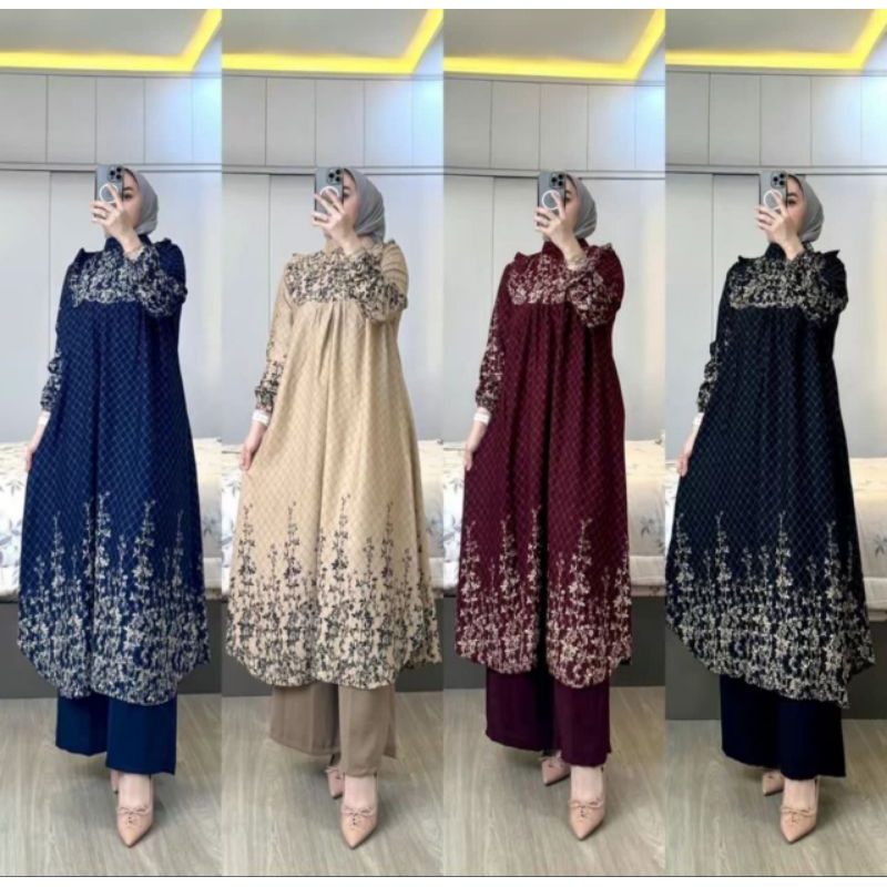 Jual [COD] One Set Long Tunik Arina Bunga Kulot Terbaru Rayon Diamond ...