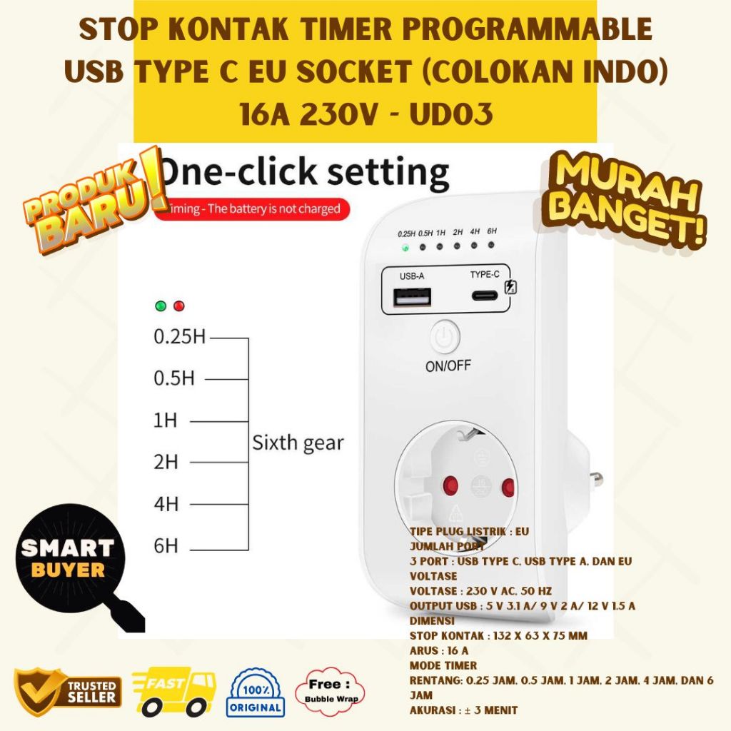 Jual Stop Kontak Timer Programmable USB Type C EU Socket 16A 230V UD03 Multifungsi | Shopee ...
